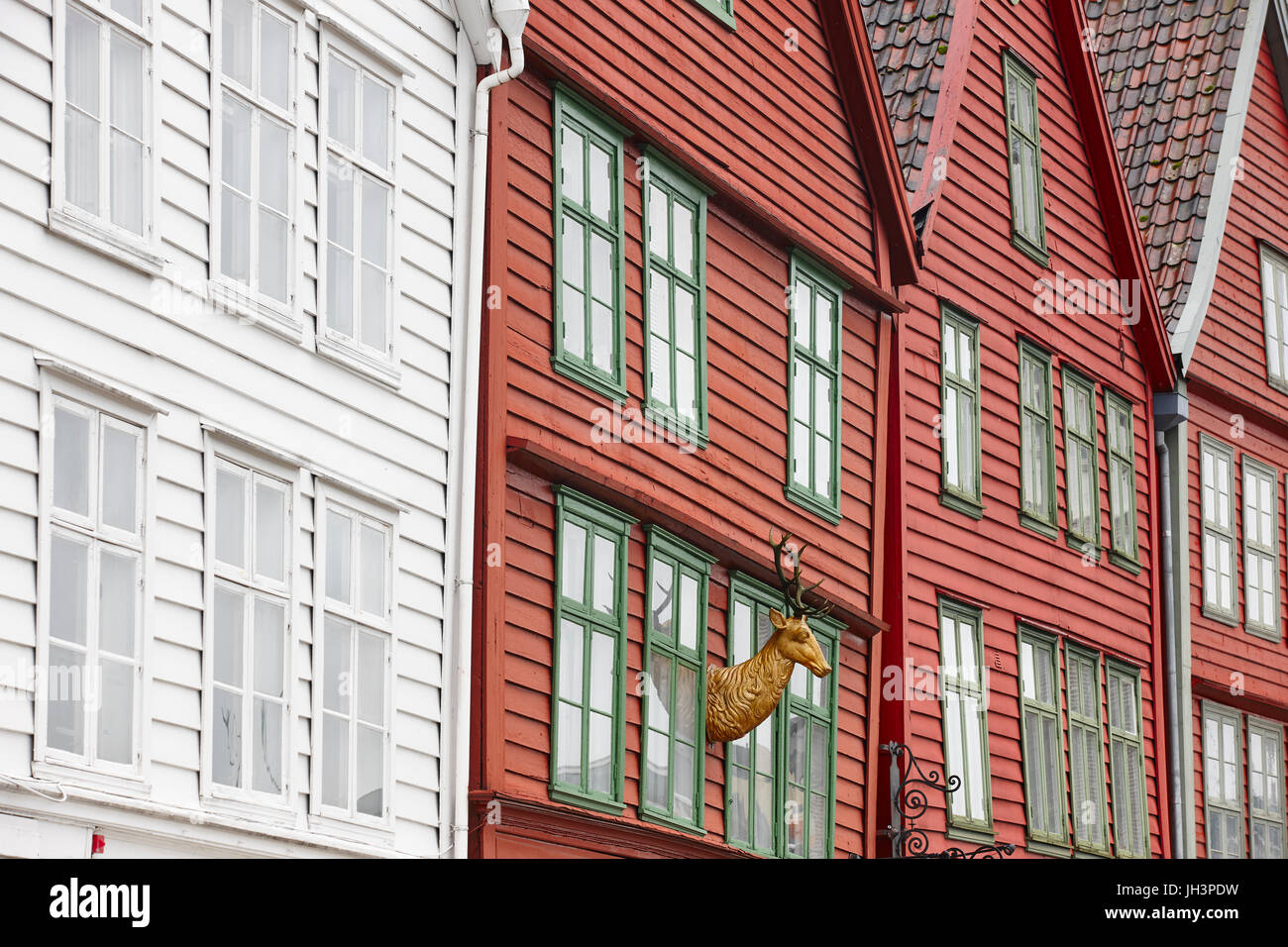 Traditional wooden historic norwegian buildings facades in Bergen ...