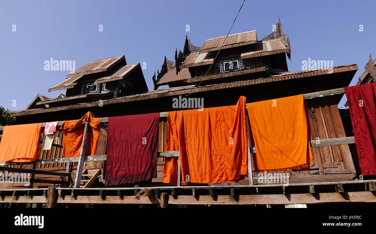 Drying monk robe at the wooden monastery in Mandalay, Myanmar Stock ...