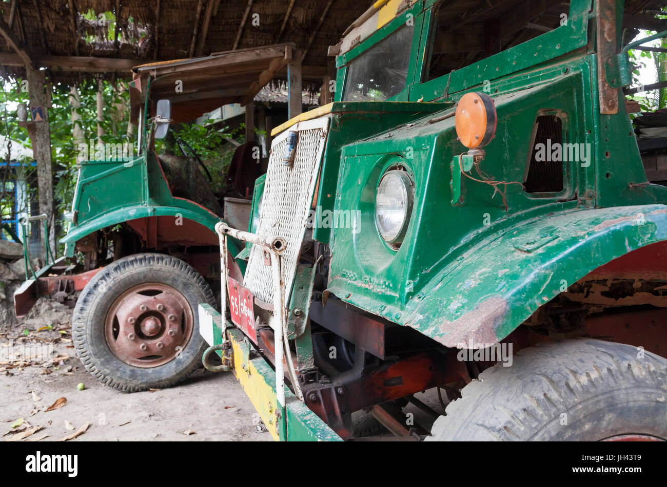 Vintage truck still in widespread use today in Myanmar. Modified from a ...