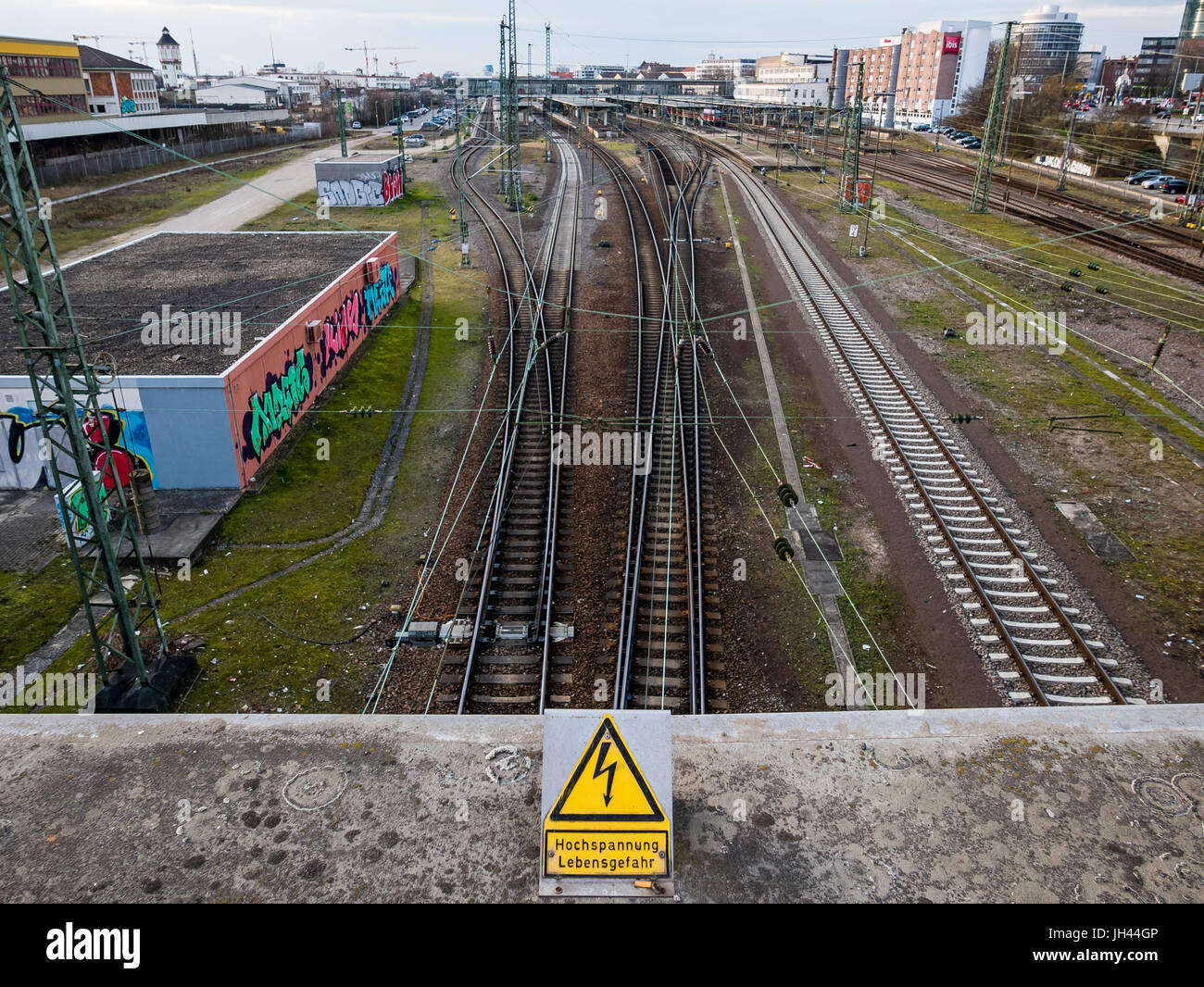heidelberg, Germany - February 26, 2016 - warning sign at the rails ...