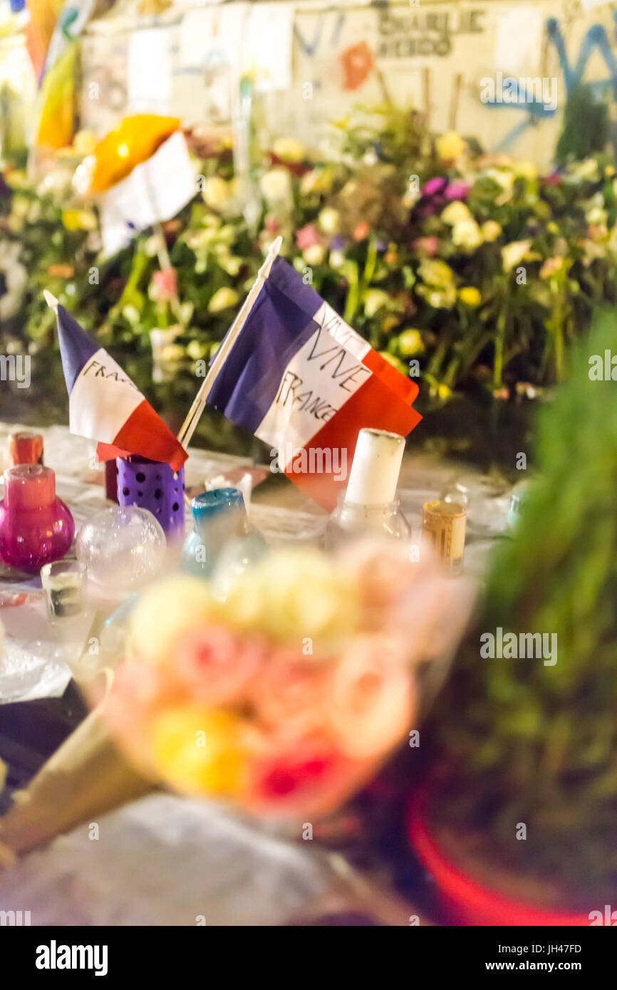 french flag with vive la france. Spontaneous homage at the victims of ...