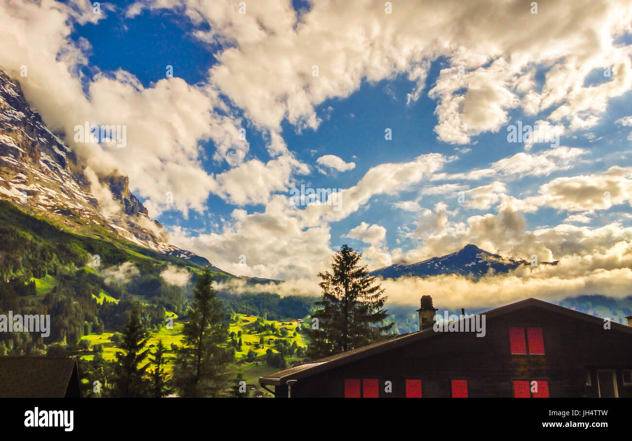 Majestic Panoramic view of Grindelwald Landscape and Cloudscape with ...