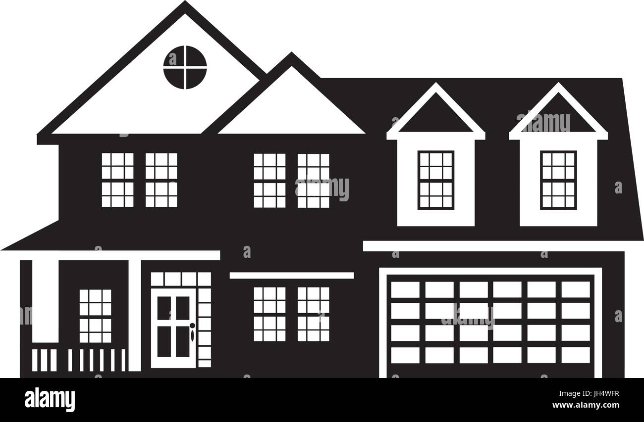 Two level house with two car garage black and white outline ...