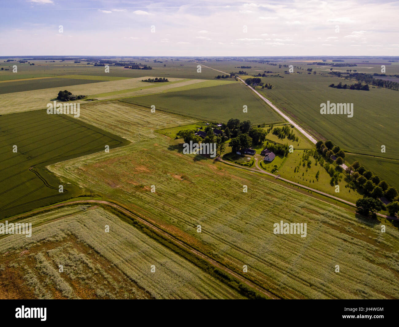 drone image. aerial view of rural area with fields and forests in sunny ...
