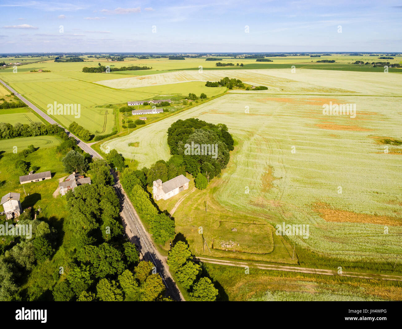 drone image. aerial view of rural area with green fields and forests in ...