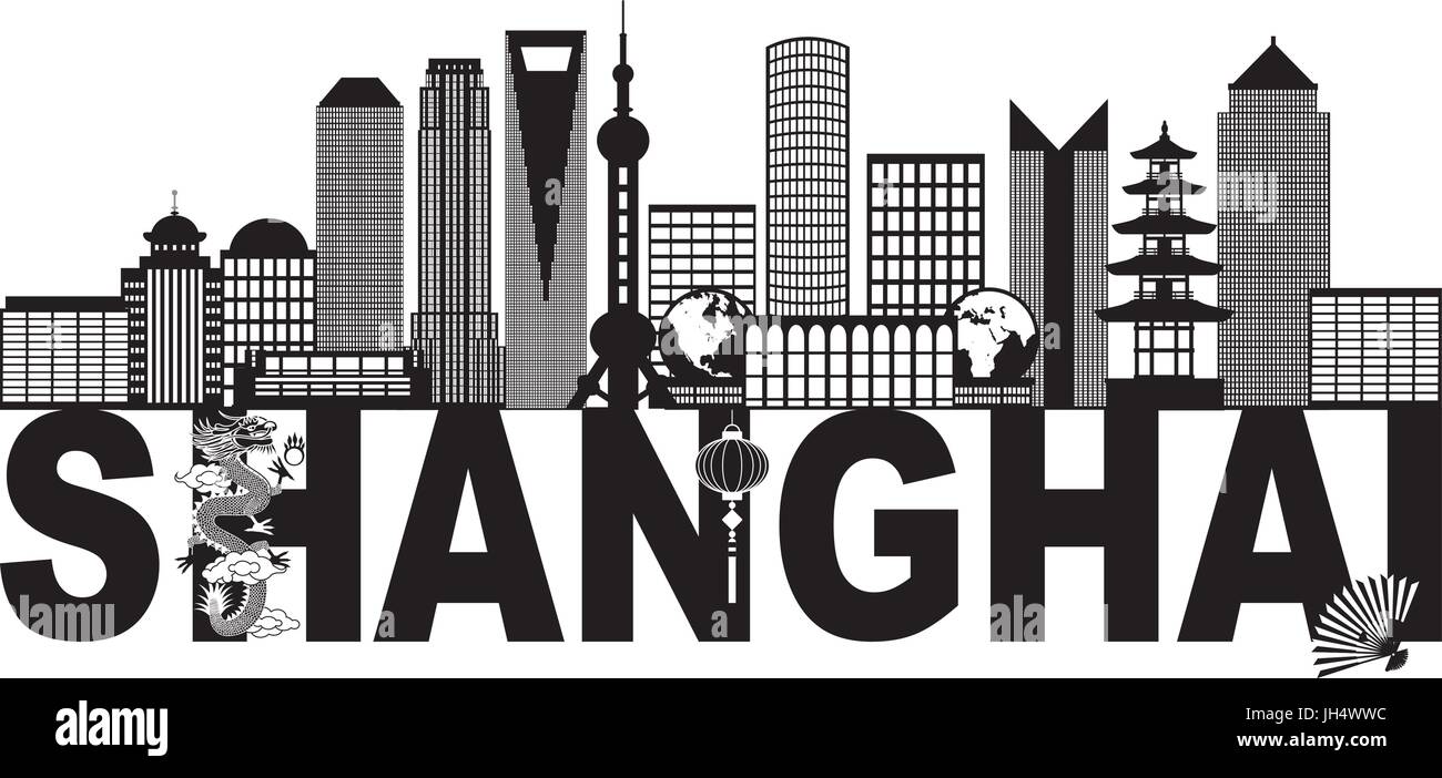 Shanghai China City Skyline Outline Silhouette Black Text Abstract ...