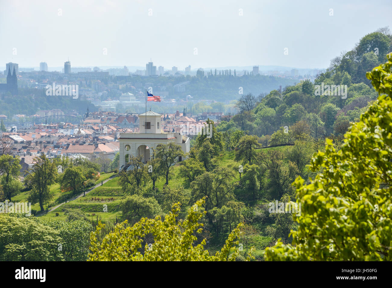 The American embassy in a park in Prague, Czech Republic on a sunny day ...