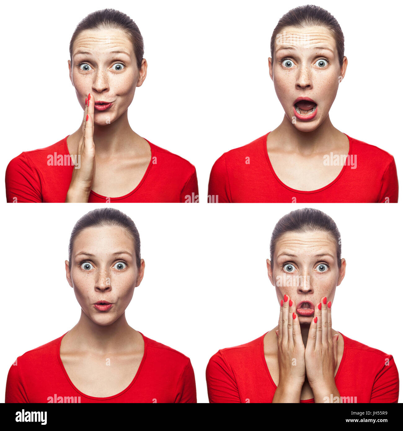 Mosaic of the surprised or shocked girl with freckles and red t-shirt ...