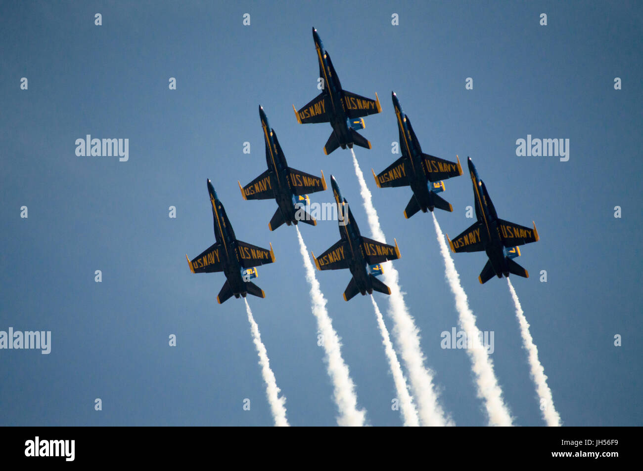 Six blue angel jets flying in formation over their home base in Florida ...