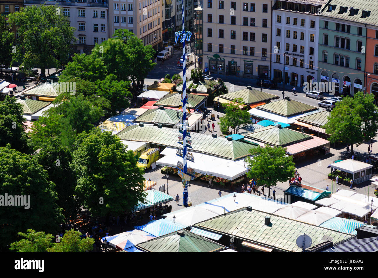 View across Viktualienmarkt with the maypole, Munich from the tower of ...
