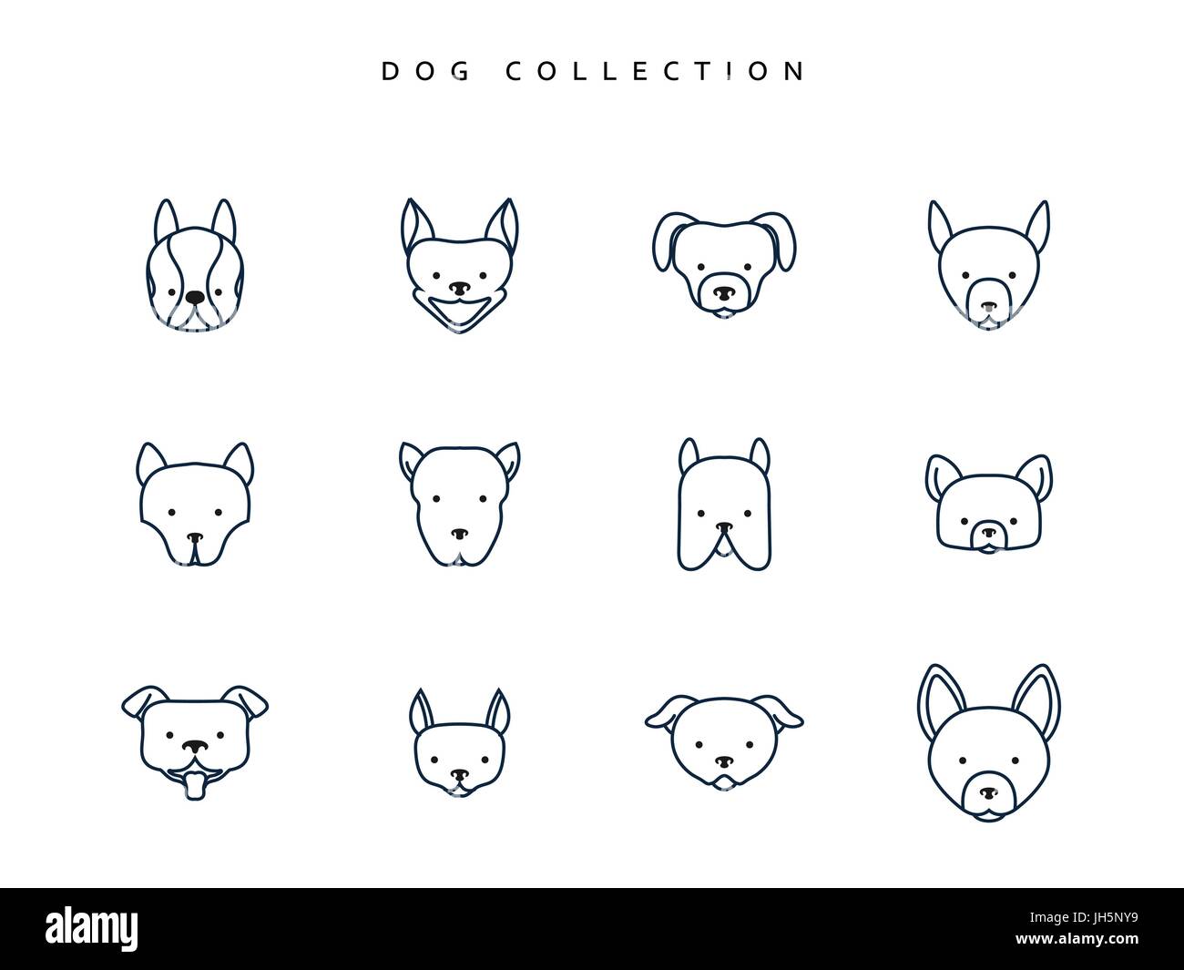 Set dogs in linear style. 12 face breeds puppy. Vector Illustration ...