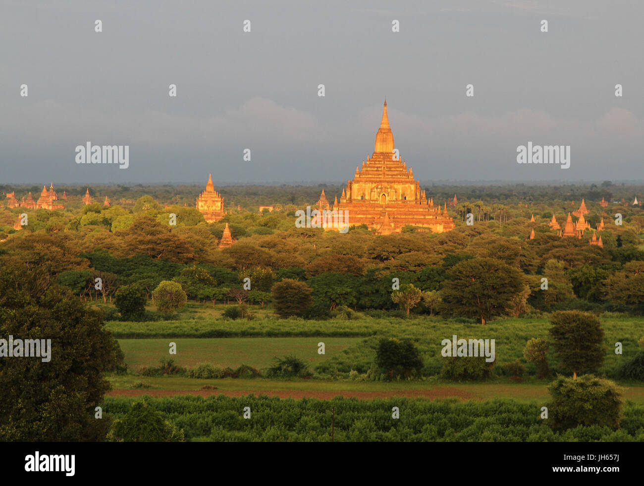 Ancient Buddhist temples with green trees at sunset in Bagan, Myanmar ...