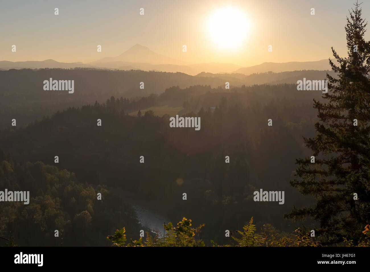 Sunrise over Mount Hood and Sandy River Valley at Jonsrud Viewpoint in ...