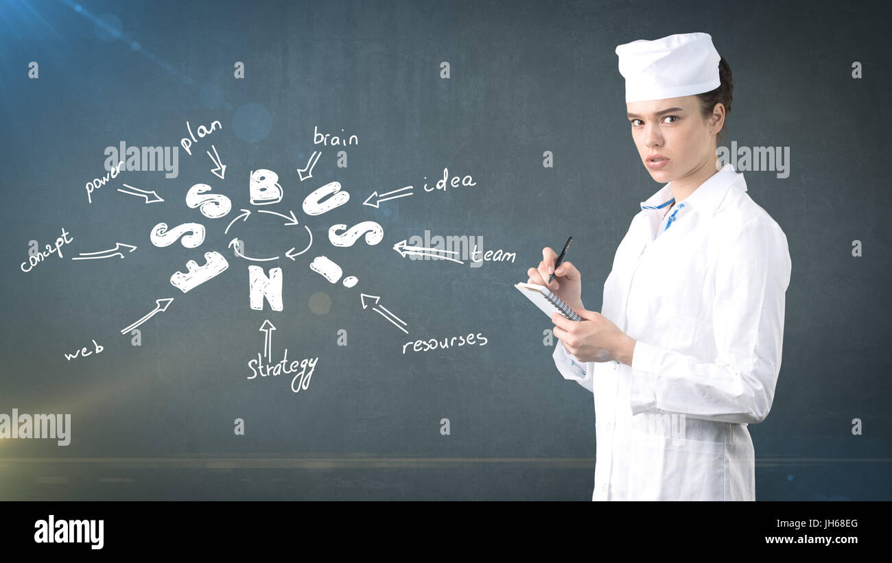 Beautiful medical woman doctor in uniform. Studio painted background ...