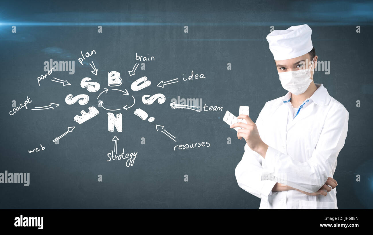 Beautiful medical woman doctor in uniform. Studio painted background ...