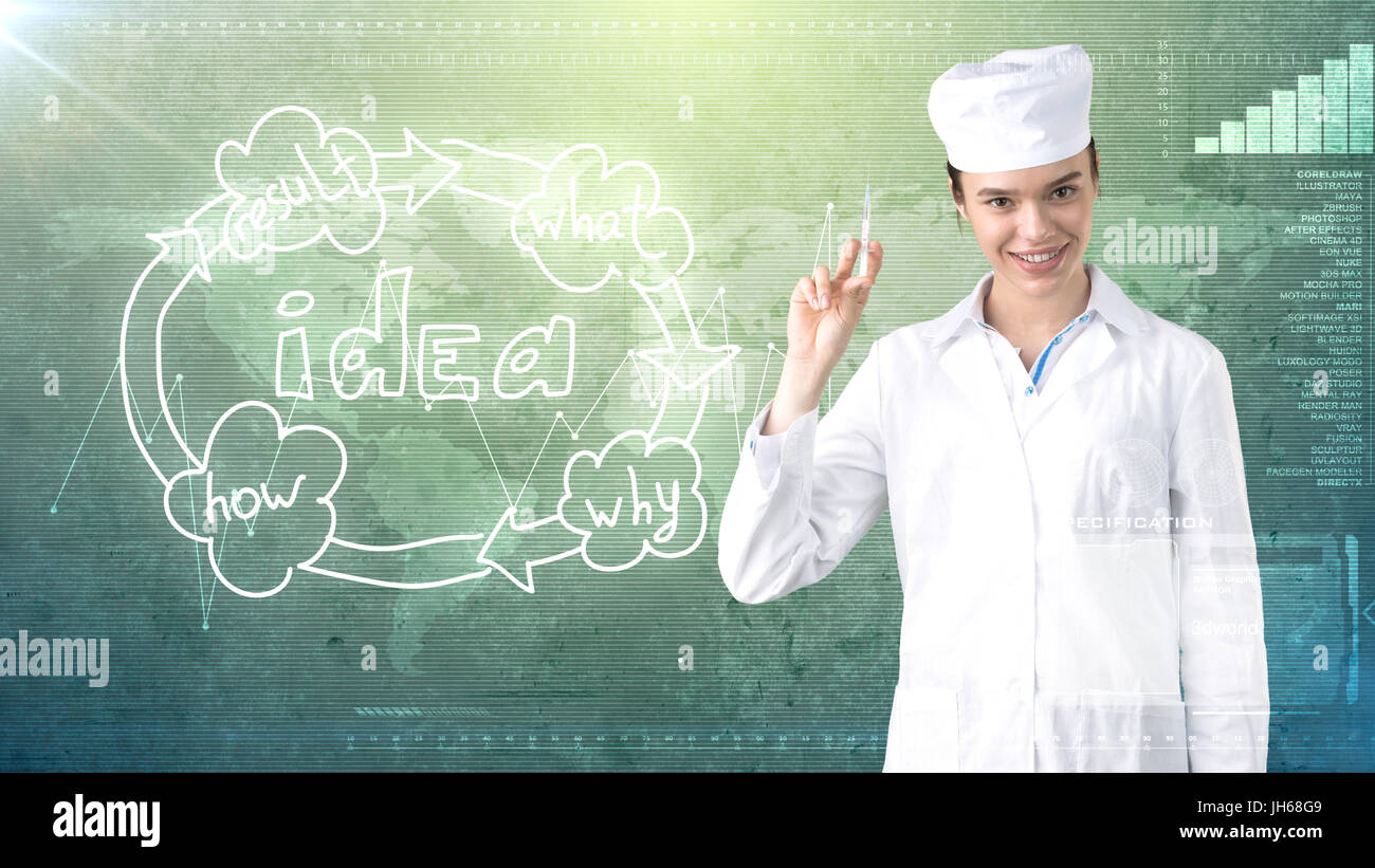 Beautiful medical woman doctor in uniform. Studio painted background ...