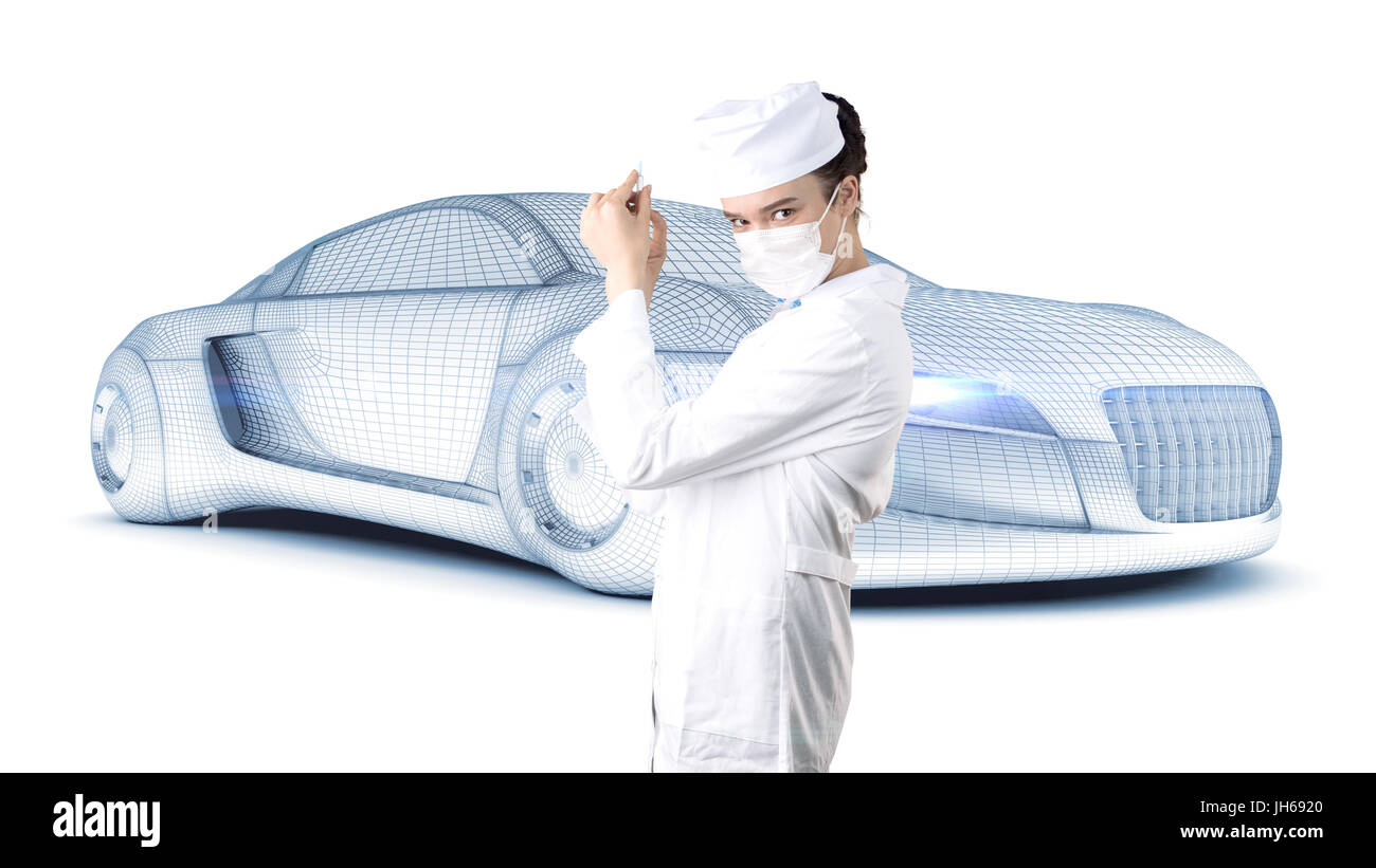 Beautiful medical woman doctor in uniform. Studio painted background ...