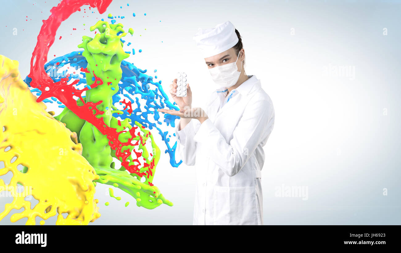 Beautiful medical woman doctor in uniform. Studio painted background ...