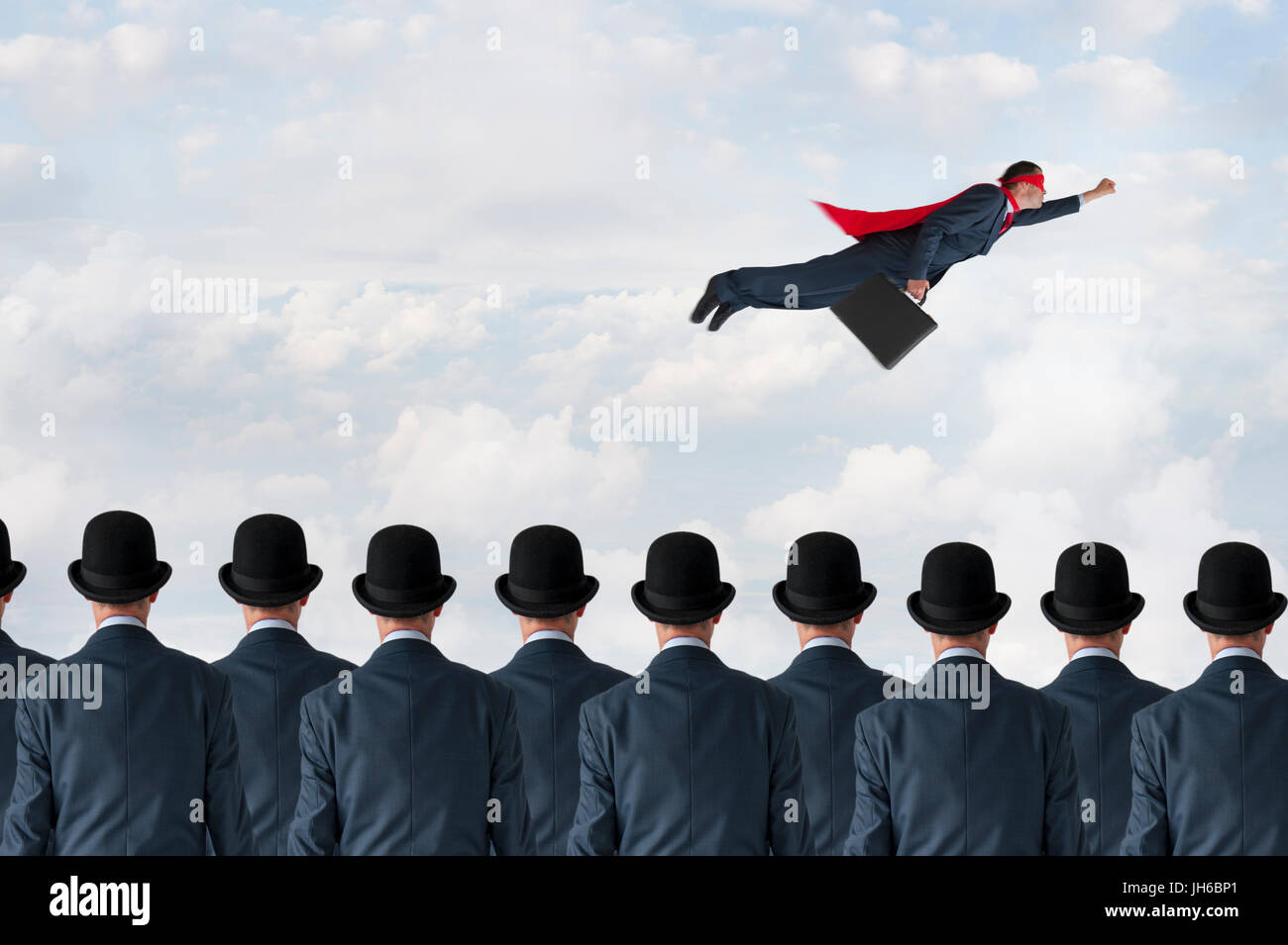 business progress concept superhero businessman flying past static ...