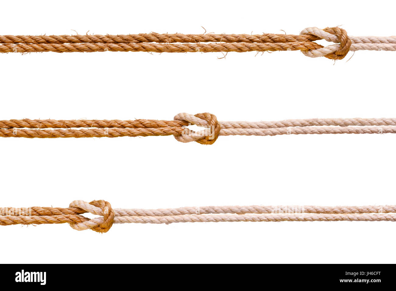 Three rough ropes with reef knot set. Isolated on white Stock Photo - Alamy