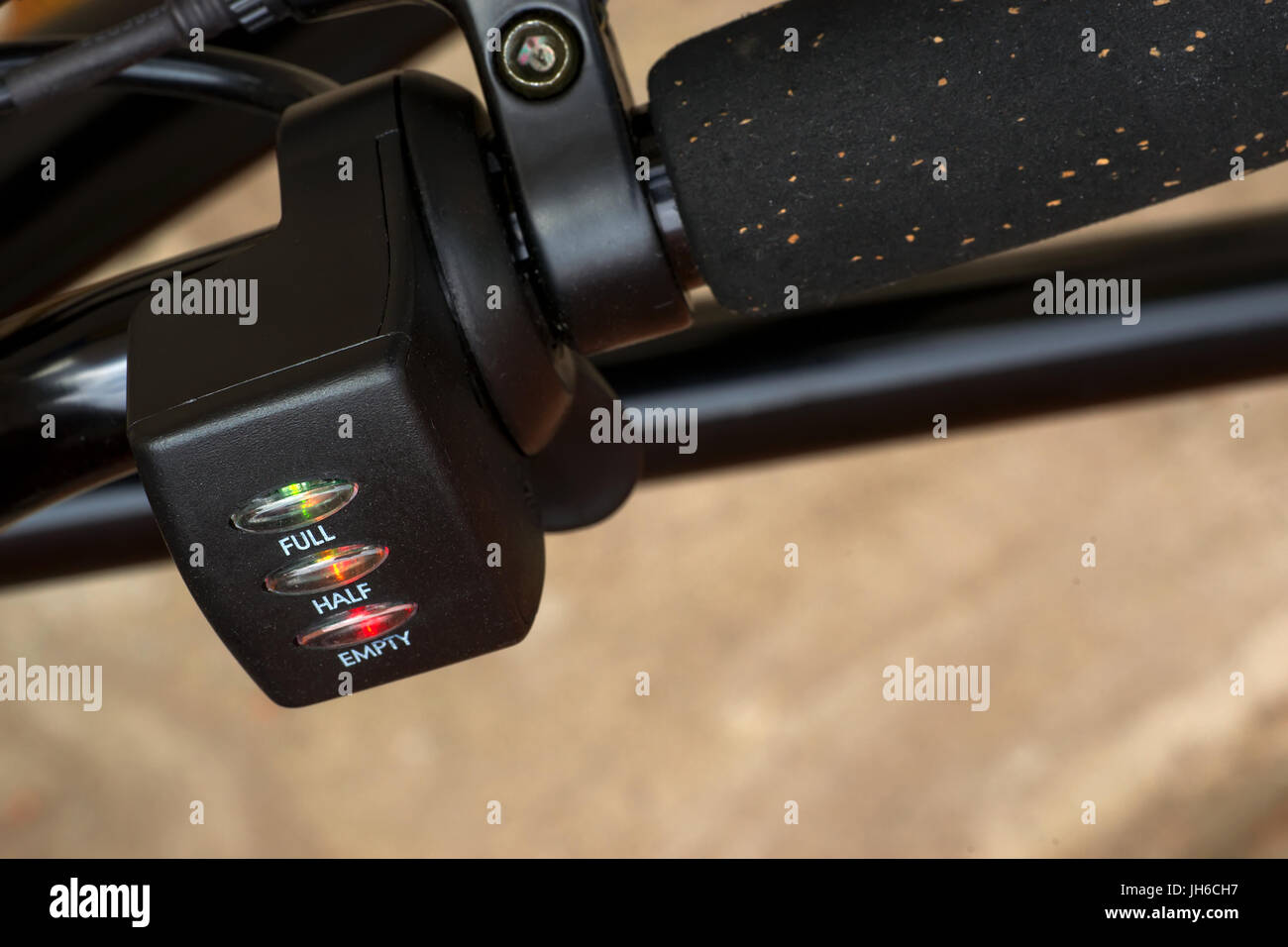 Black electric bike handle close up with led power indicator Stock ...