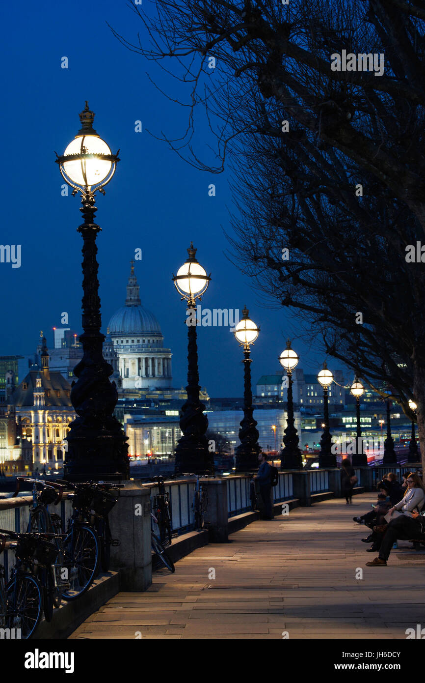 London cityscape around South Bank at night, St Paul's Cathedral ...