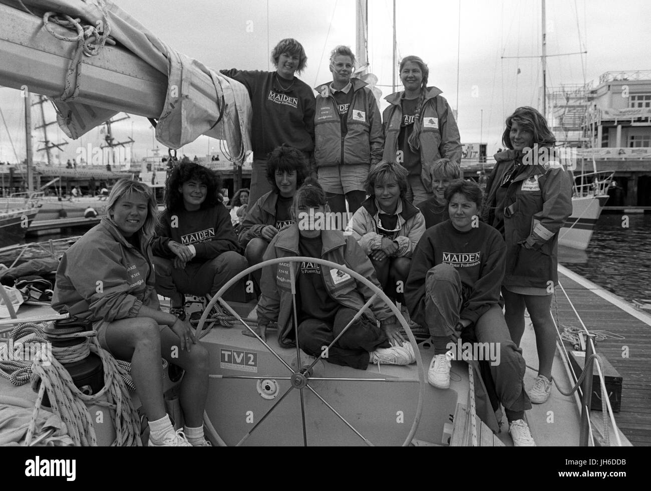 British skipper Tracy Edwards (centre, behind wheel), of Reading ...
