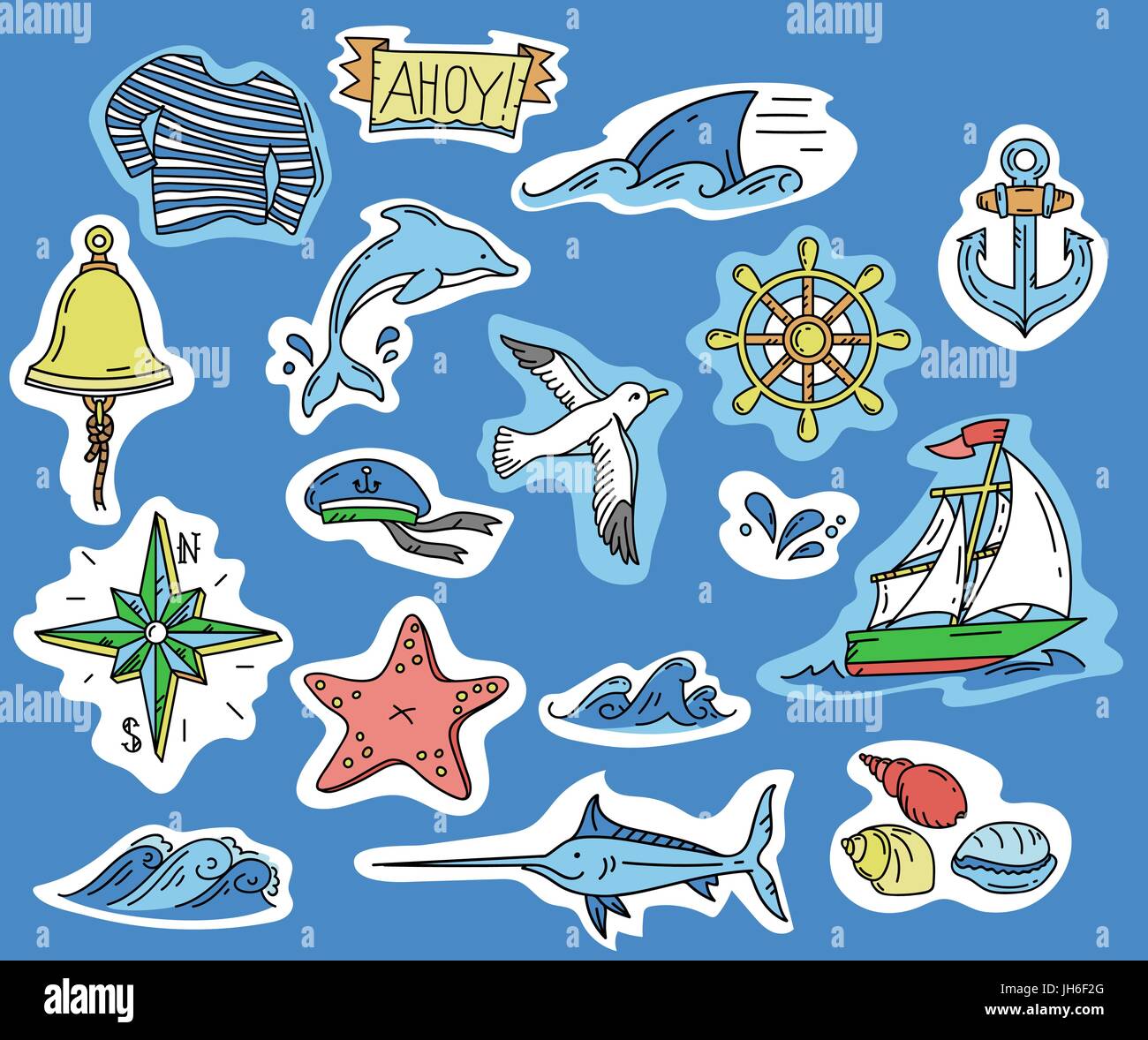 hand-drawn stickers with simple elements of marine theme Stock Vector ...