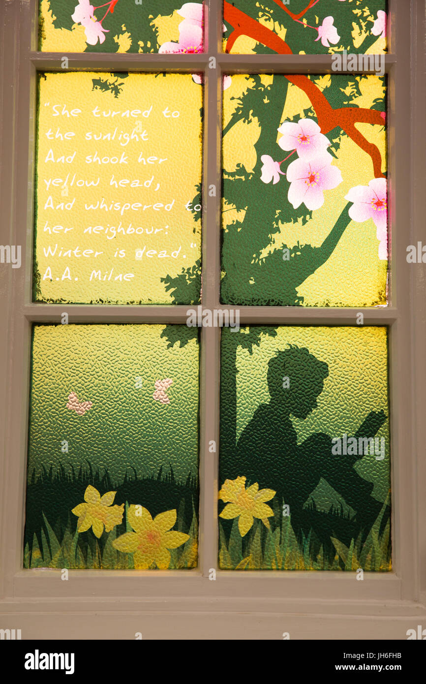 A window in Stratford upon Avon Library painted with the words of ...