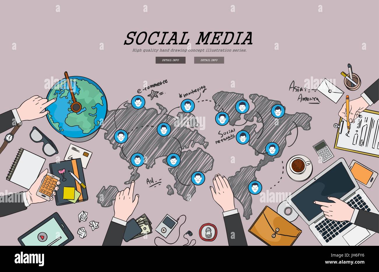 Drawing flat design illustration internet social network concept ...