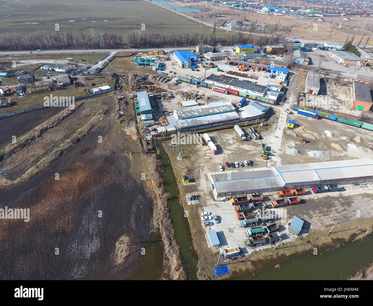 Top view of a construction site base. Sheds storage building materials ...
