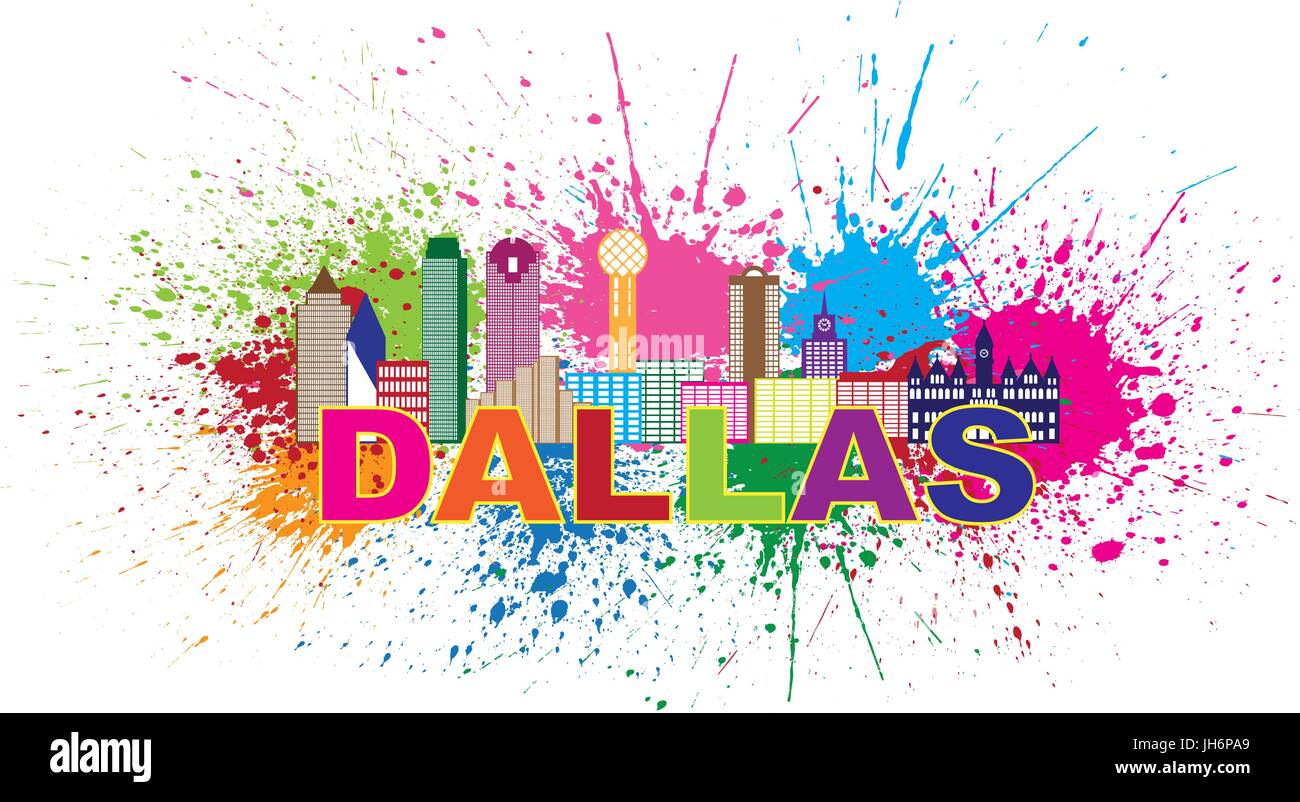 Dallas Texas City Skyline Outline Color Silhouette Panorama with Text ...