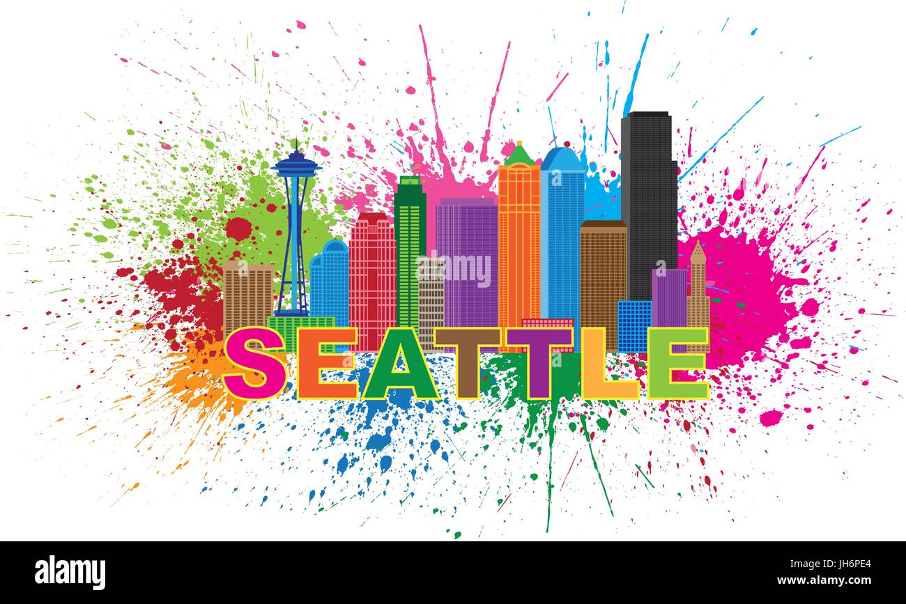 Seattle Washington Downtown City Skyline Color Text Paint Splatter ...
