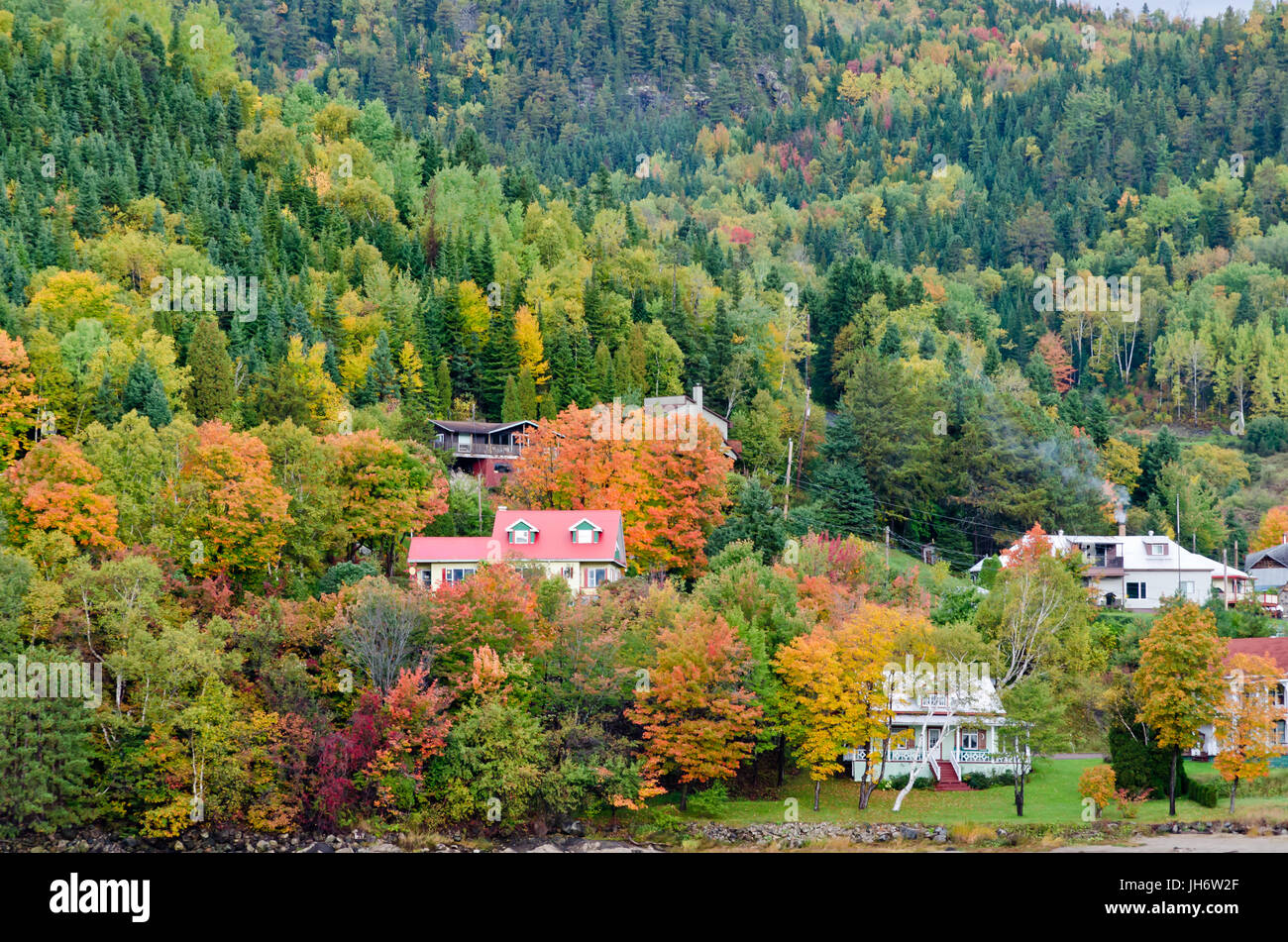 Beautiful homes on hillside surrounded by colorful autumn foliage Stock ...