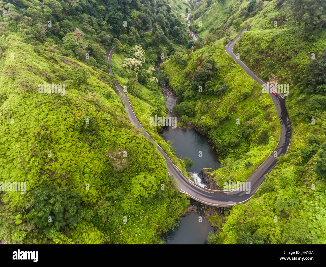 Aerial waterfall view on the Hana Hwy on Maui, Hawaii Stock Photo - Alamy