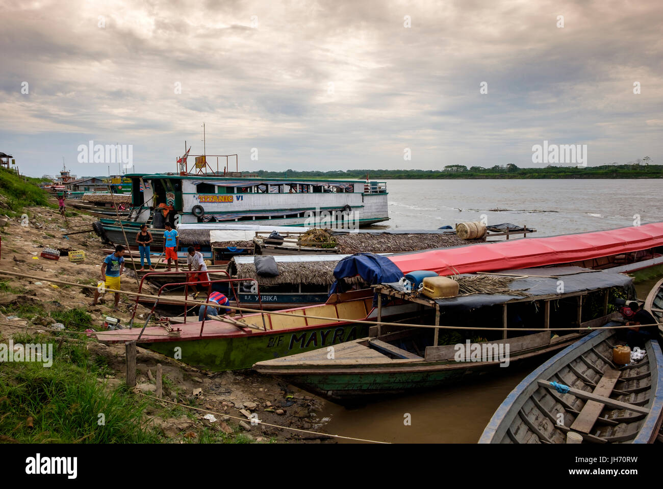 NAUTA, PERU - CIRCA OCTOBER 2015: Boats in the port of Nauta in the ...