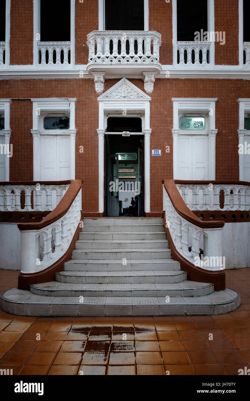 IQUITOS, PERU - CIRCA OCTOBER 2015: Typical tile decorated building in ...