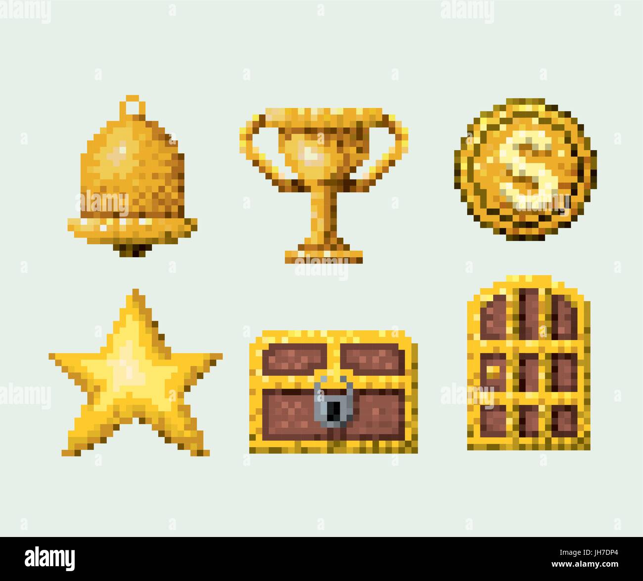 color pixelated set of golden elements arcade game Stock Vector Image ...