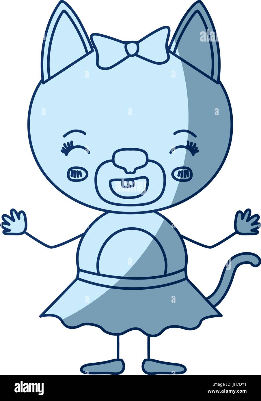 blue color shading silhouette caricature of cute female cat in skirt ...