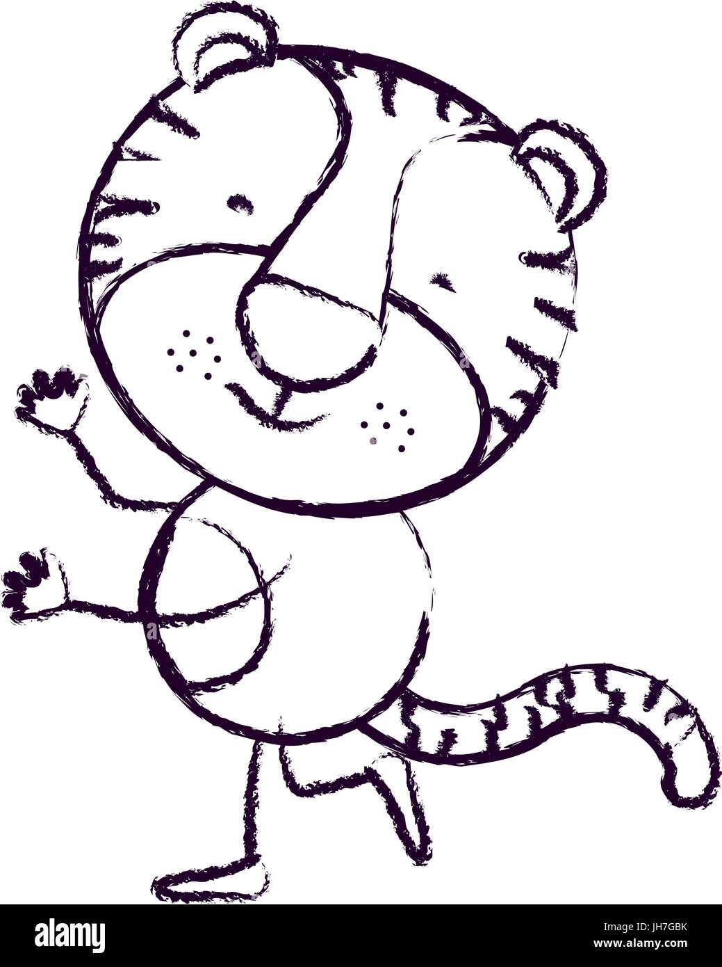 blurred sketch contour caricature with cute tiger dancing Stock Vector ...