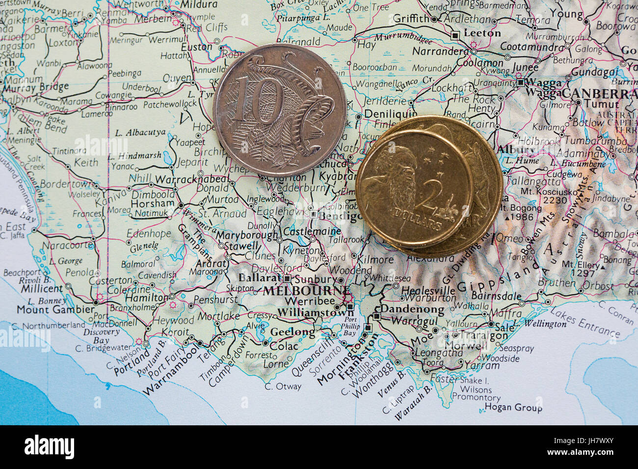 Map of Australia with Australian Coins Stock Photo - Alamy