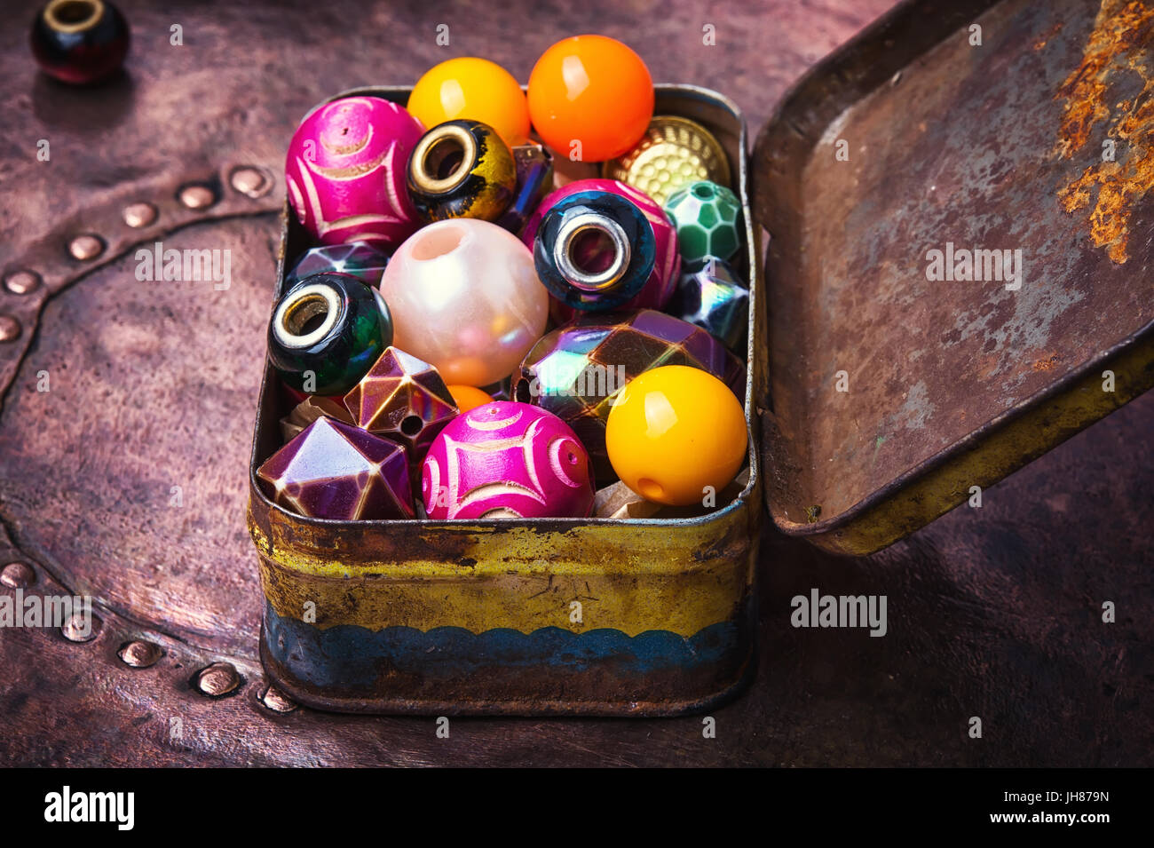 Beads for making jewelry in a tin retro box Stock Photo - Alamy