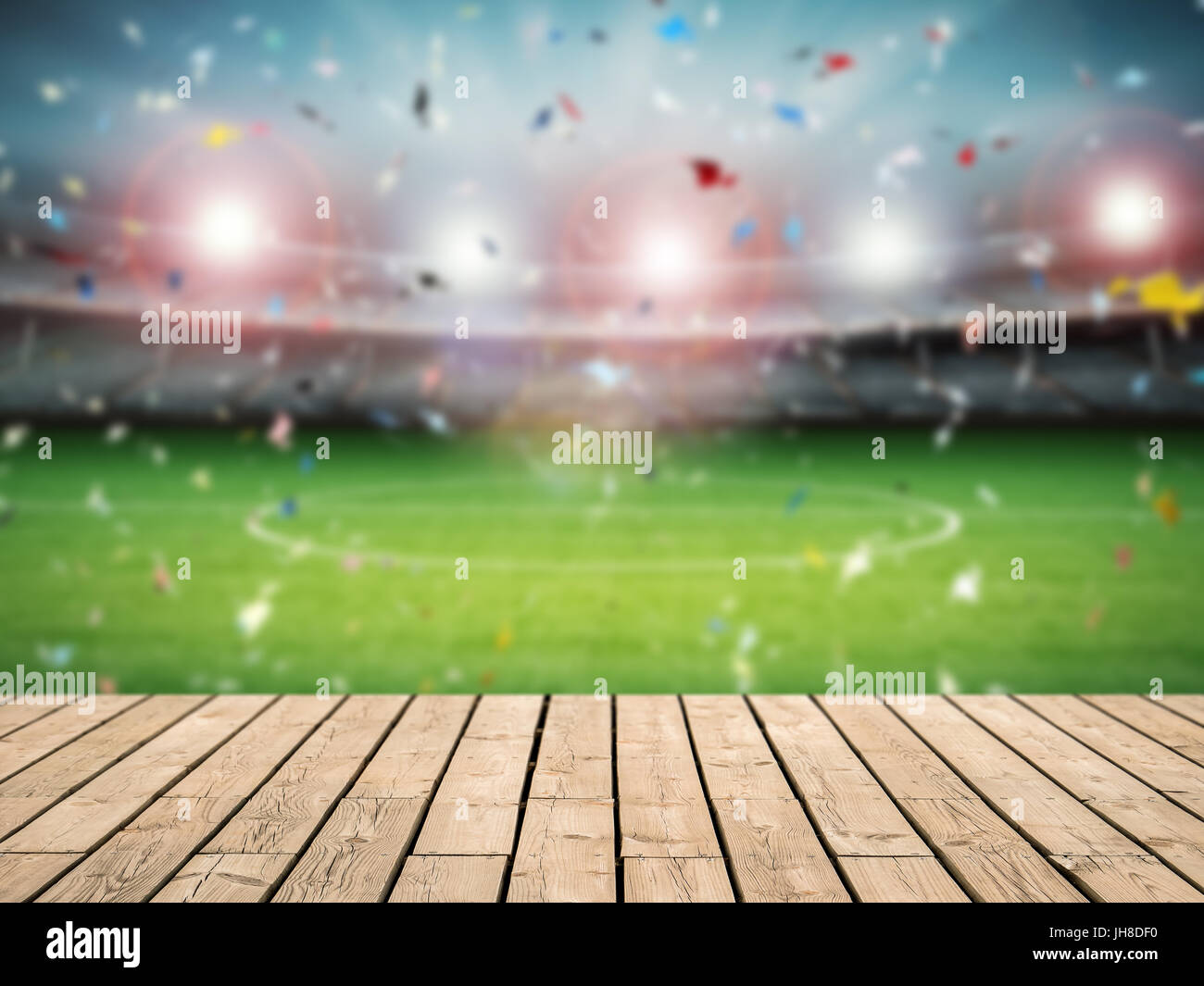 wooden counter with celebration in stadium background Stock Photo - Alamy