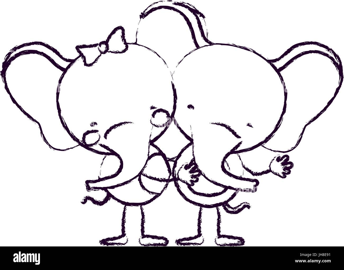 blurred sketch contour caricature with couple of elephants embraced ...