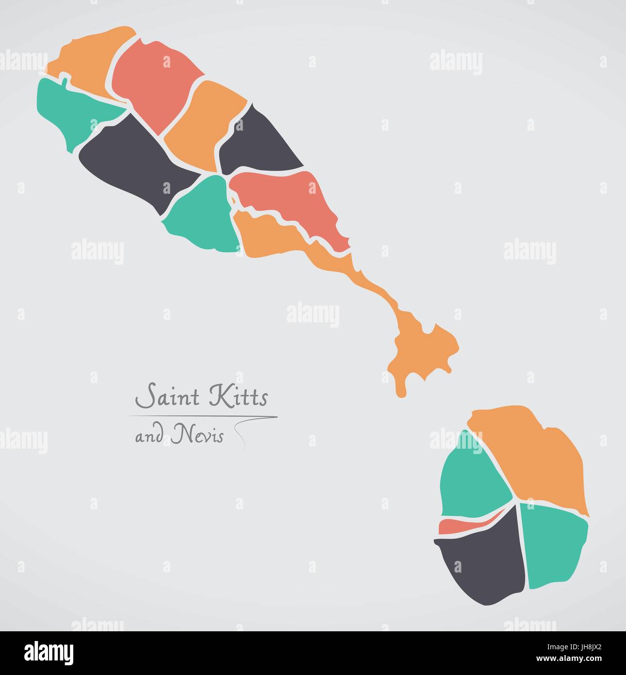 Saint Kitts and Nevis Map with states and modern round shapes Stock ...