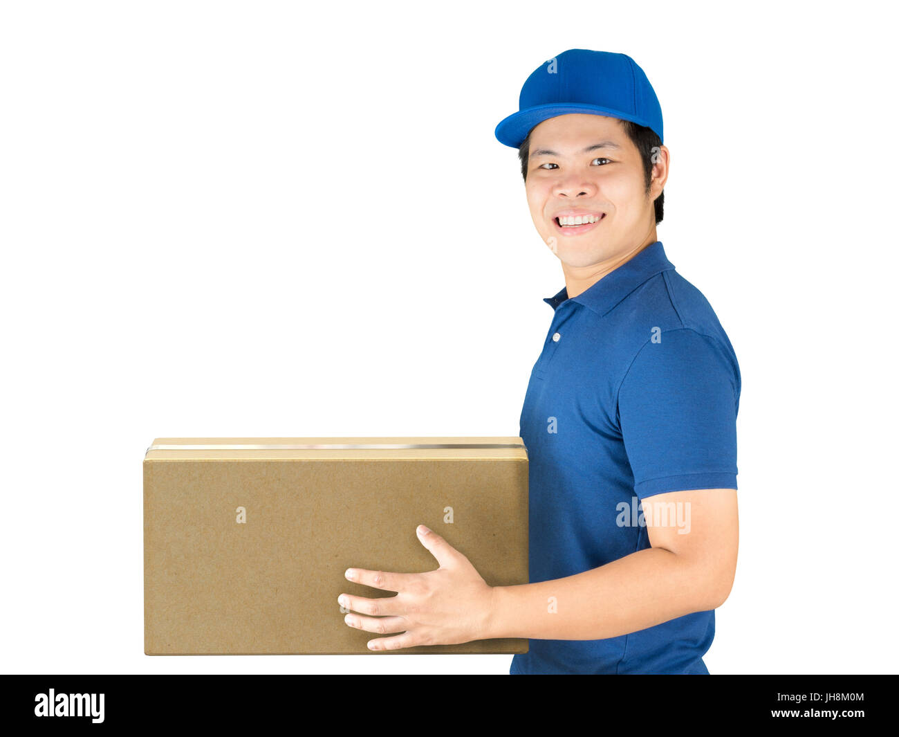 asian delivery man holding carton box Stock Photo - Alamy