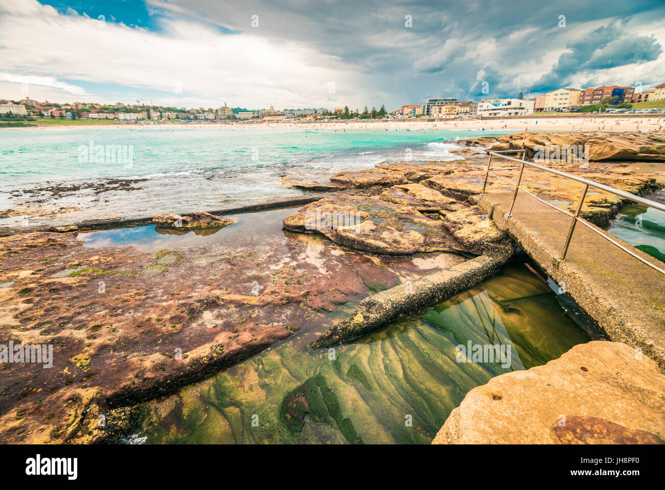 Bondi Beach view across bay before storm Stock Photo - Alamy