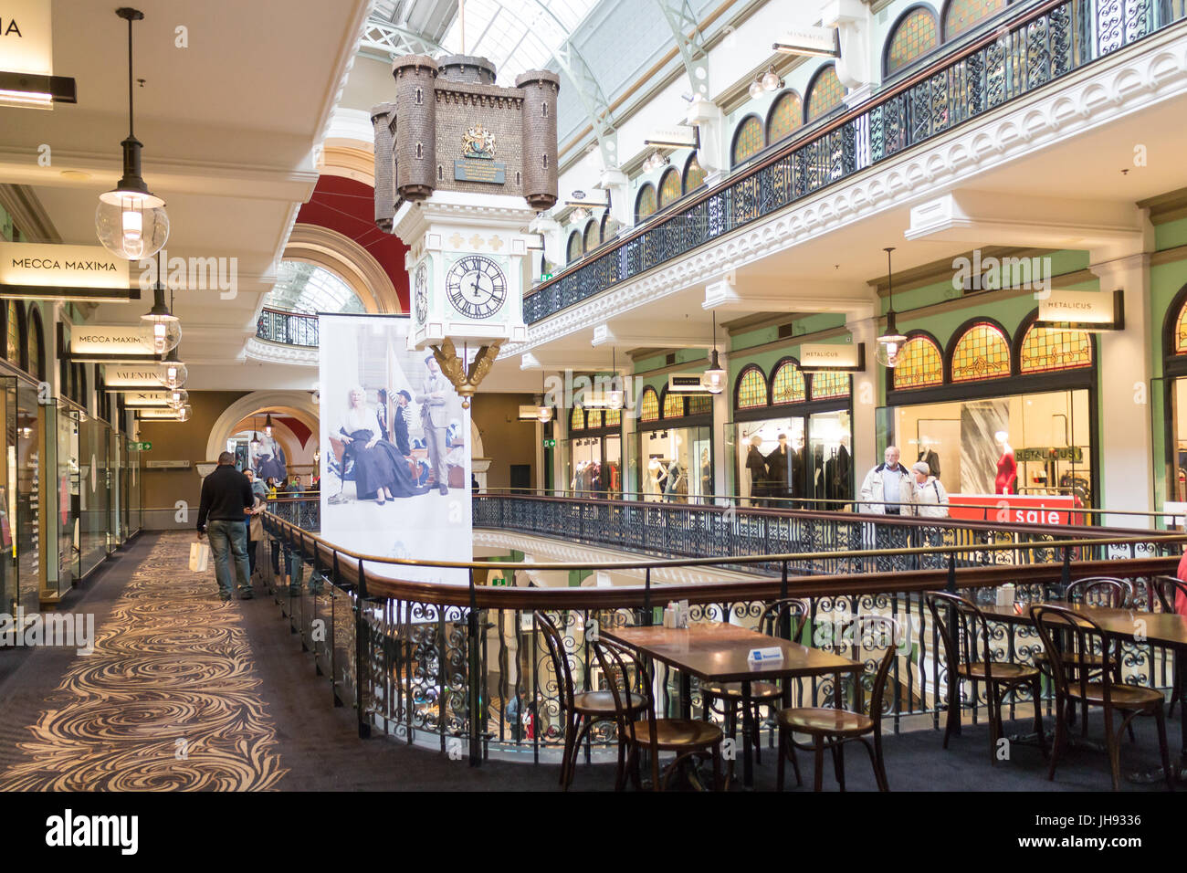 Clock and shops on the 2nd floor of the Queen Victoria Building, Sydney ...