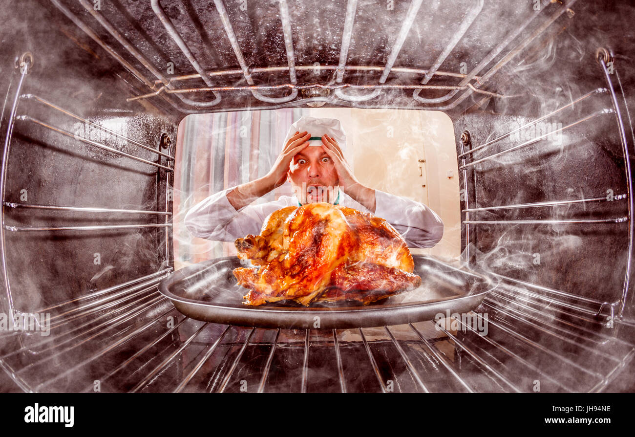 Funny chef overlooked roast chicken in the oven, so she had scorched ...