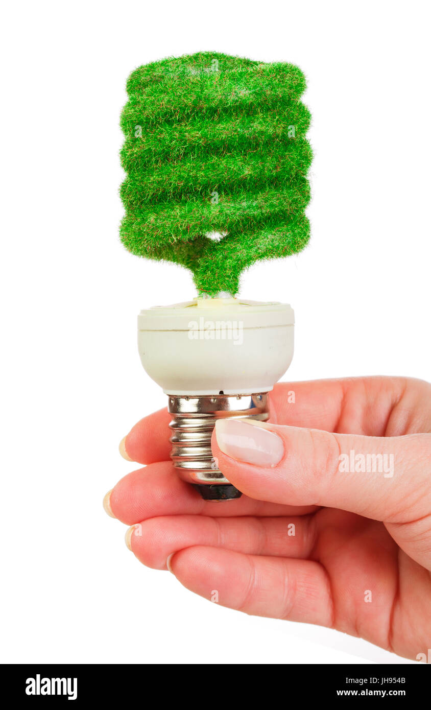 Eco light bulb in hand isolated on white background Stock Photo - Alamy